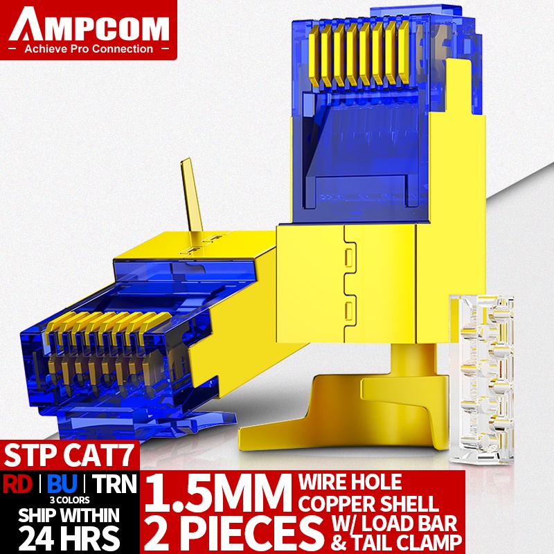 AMPCOM 2-Piece CAT6A & CAT7 Shielded RJ45 Modular Plug Connector 50U 8P8C - RJ45 Connector ...