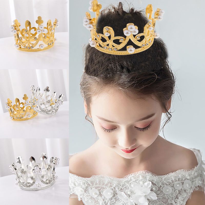 Mini Round Rhinestone Crown Tiara Pearls Cake Topper Children Hair ...