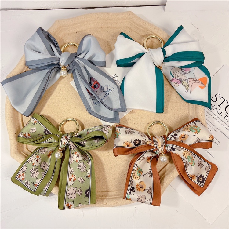 Korean Version Silk Scarf Bow Keychain Personality Pearl Bow Tie Bag ...
