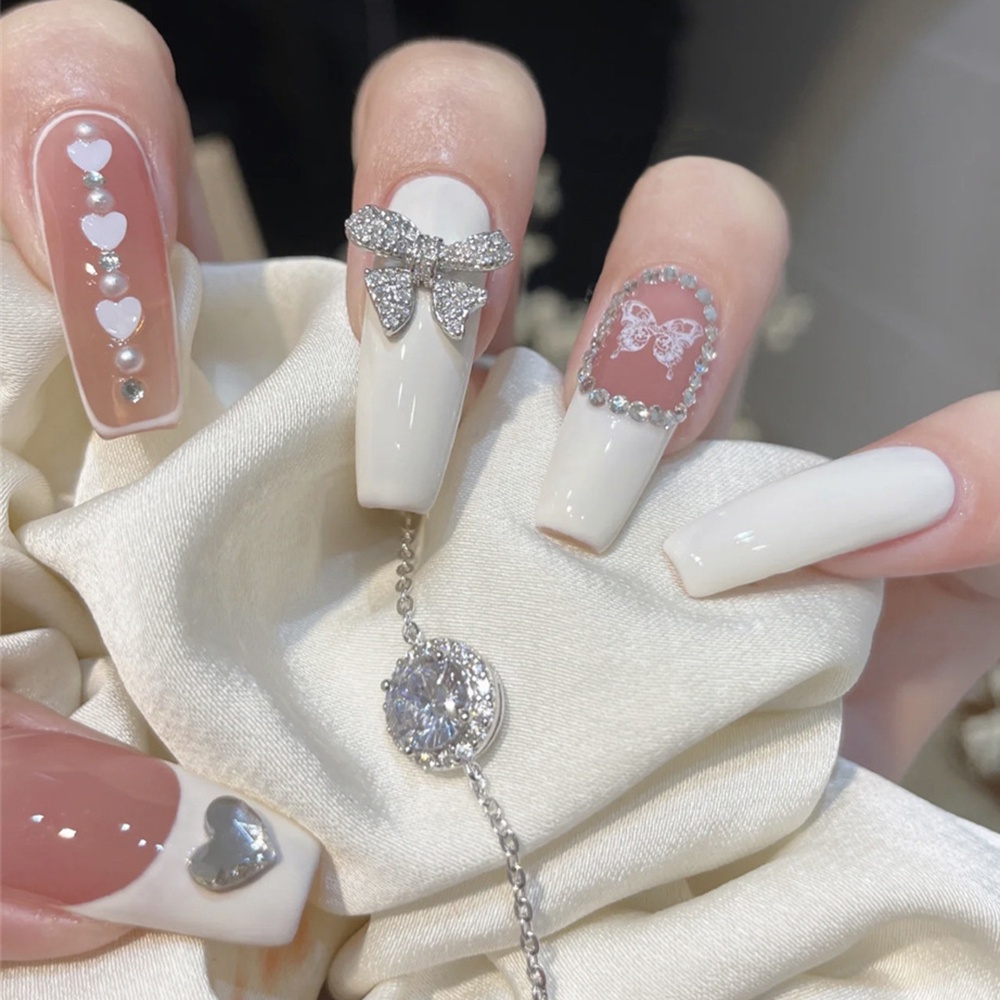 24PCS Shiny 3D Butterfly Fake Nails Long Flat Head French Style ...