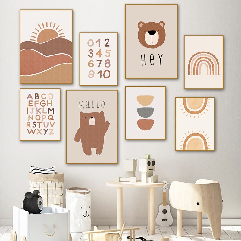 Number Alphabet Nursery Wall Art Bear Canvas Print Rainbow Sun Posters ...