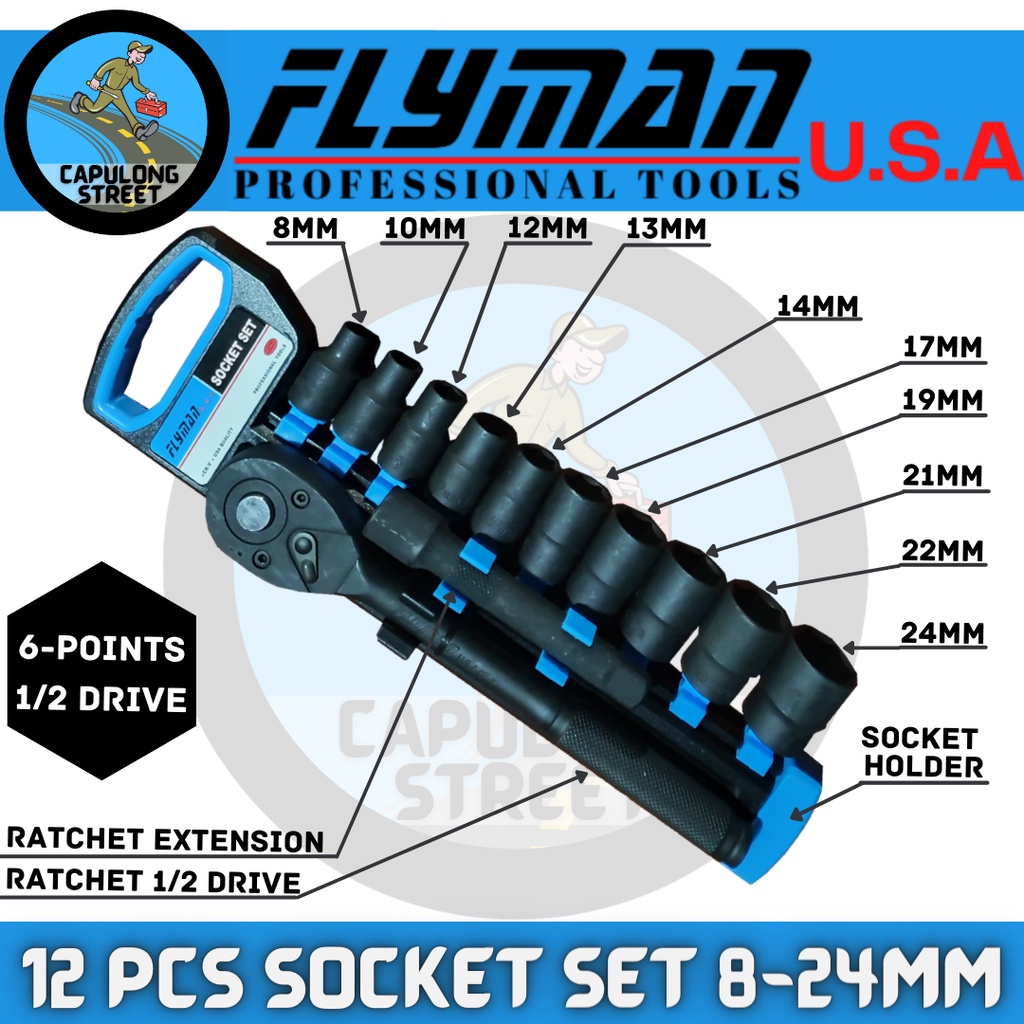 Capulong Flyman Socket Wrench Set Flyman 12pcs Socket Set 8-24mm 1/2 ...