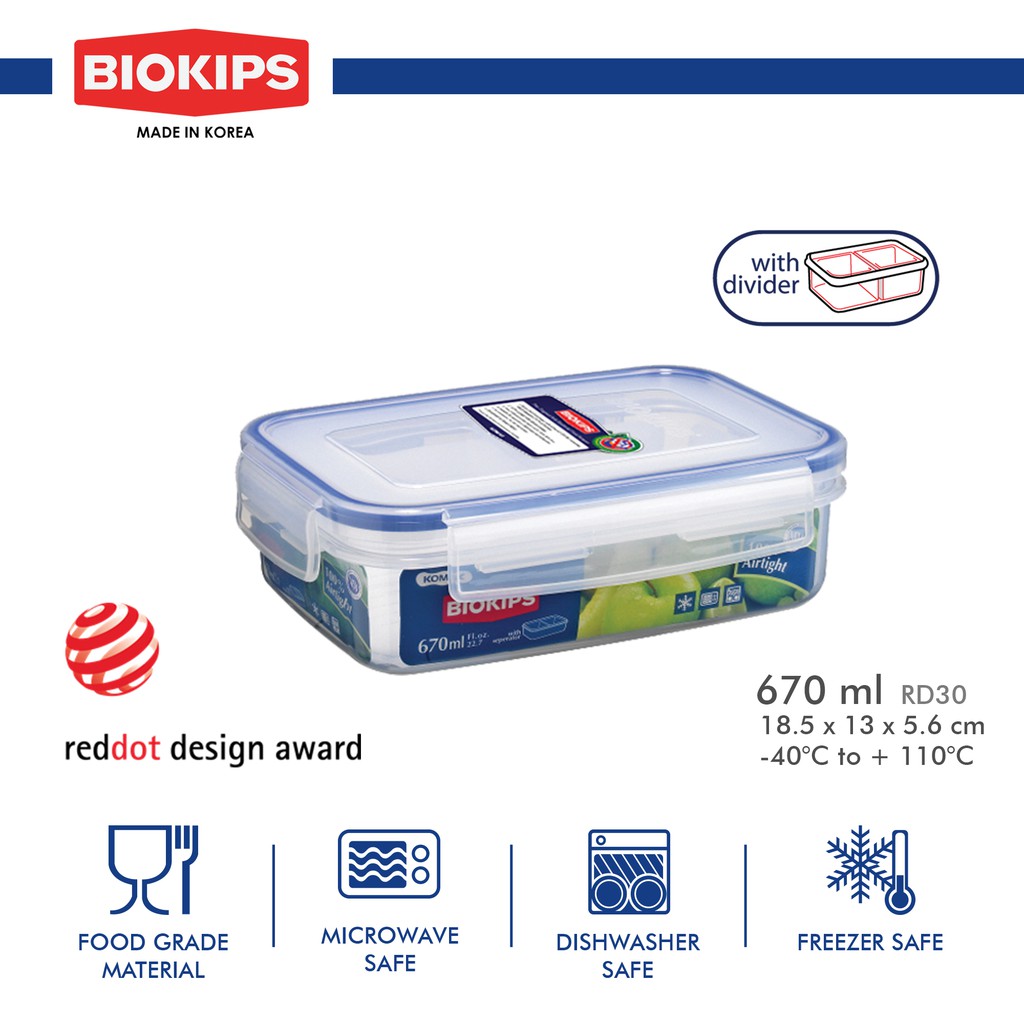 Biokips Rectangular Food Keeper w 2 Compartments 670ml 100% Airtight ...