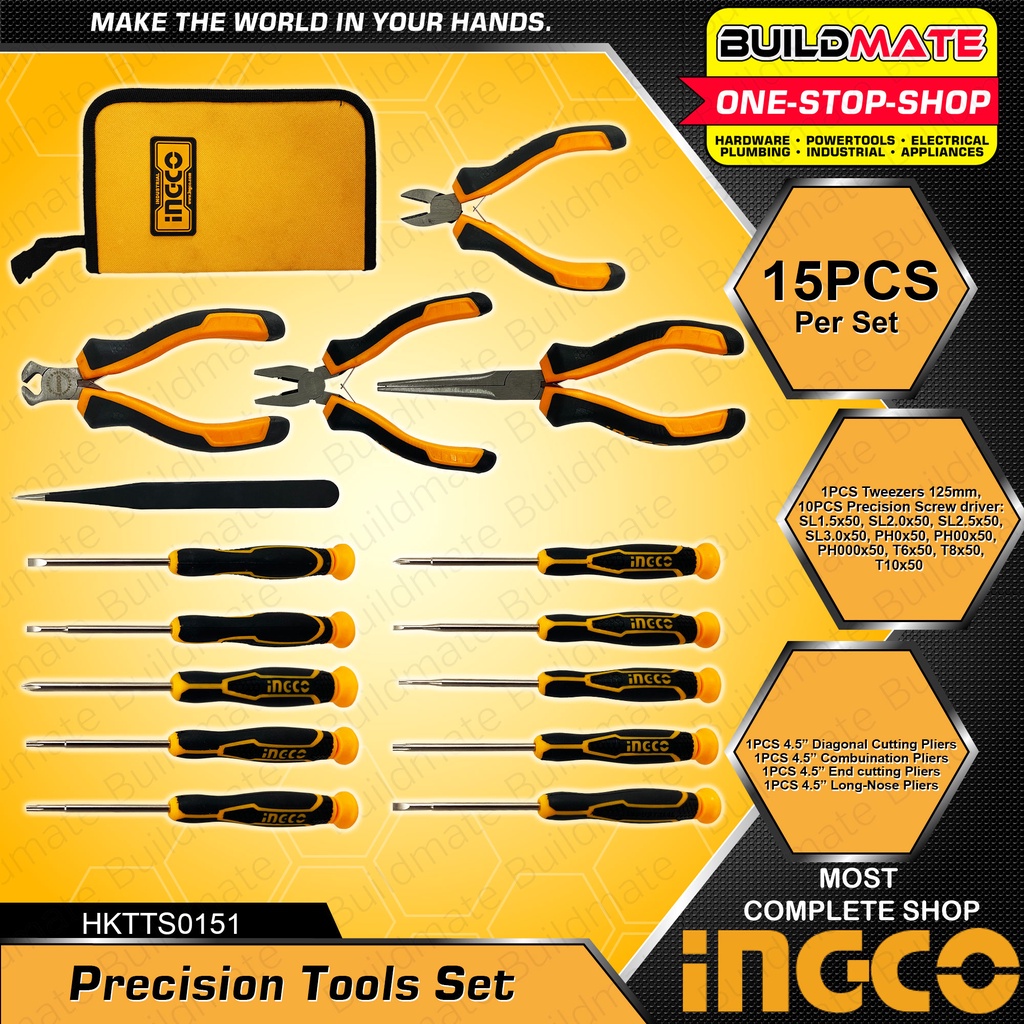 BUILDMATE Ingco 15PCS Precision Tools Set Screwdriver Cutting Pliers ...