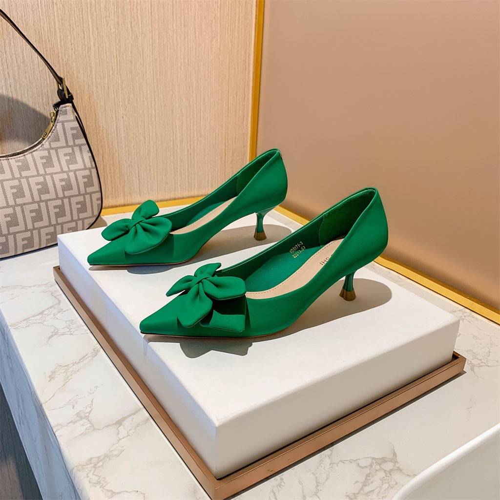 Stiletto Small High Heels Women New Style French Soft Leather White Bow ...