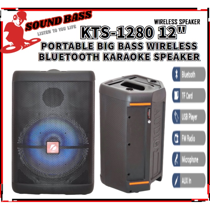 KTS-1280 12" Portable Wireless Big Bass Stereo Karaoke Outdoor Speaker With with Mic ...
