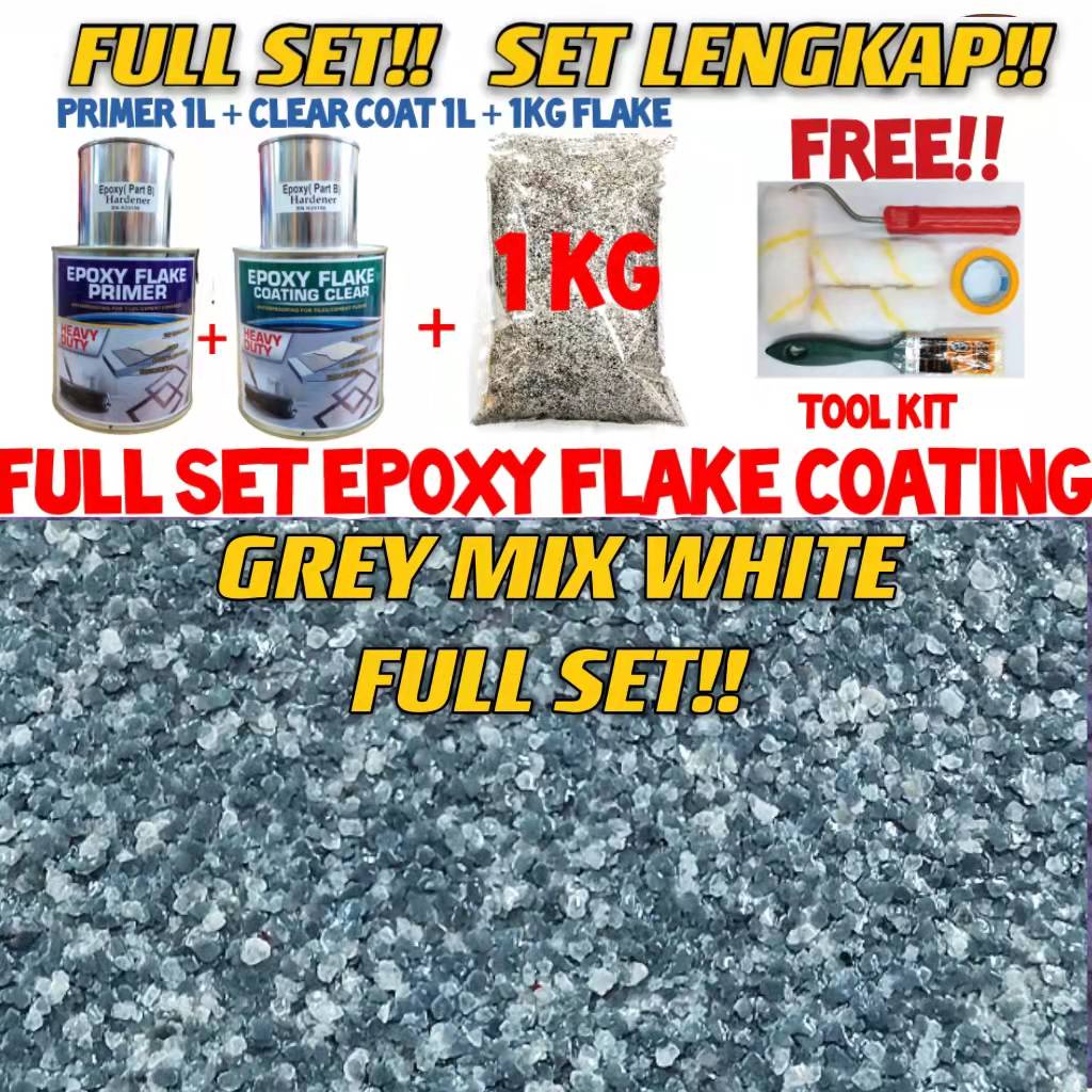 ( GREY M. WHITE FLAKE ) Full Set Epoxy Colour Flake Coating ( 1KG FLAKE ...
