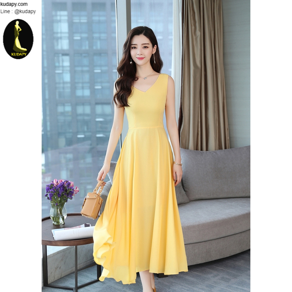 Maxi Sleeveless Dress With Open Back Lightweight Chiffon Fabric (Yellow ...