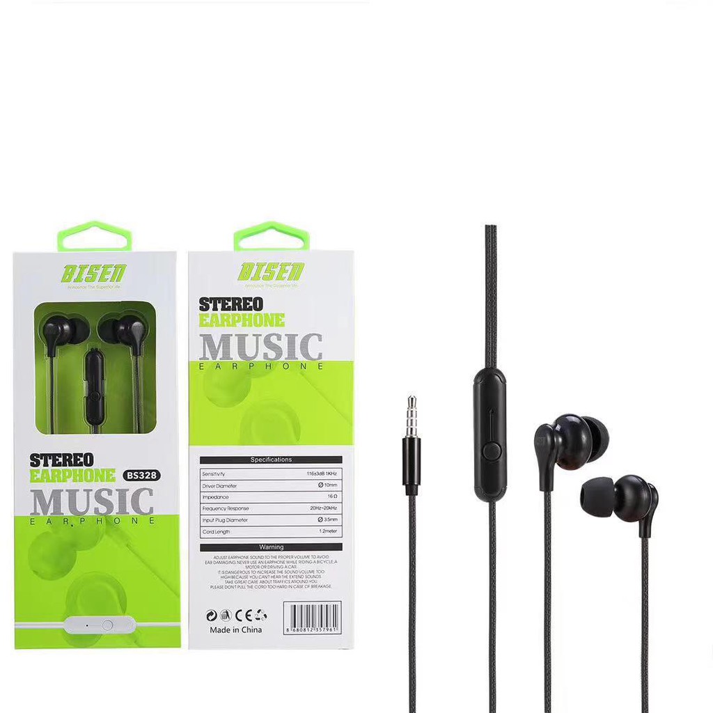 BISEN BS328 STEREO EARPHONE WHITE AND BLACK (HAND-FREE MICROPHONE ...