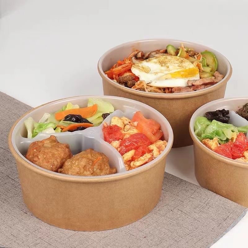 10pcs Round Disposable PE Coated Kraft Take Out Bowl with Lid for salad ...