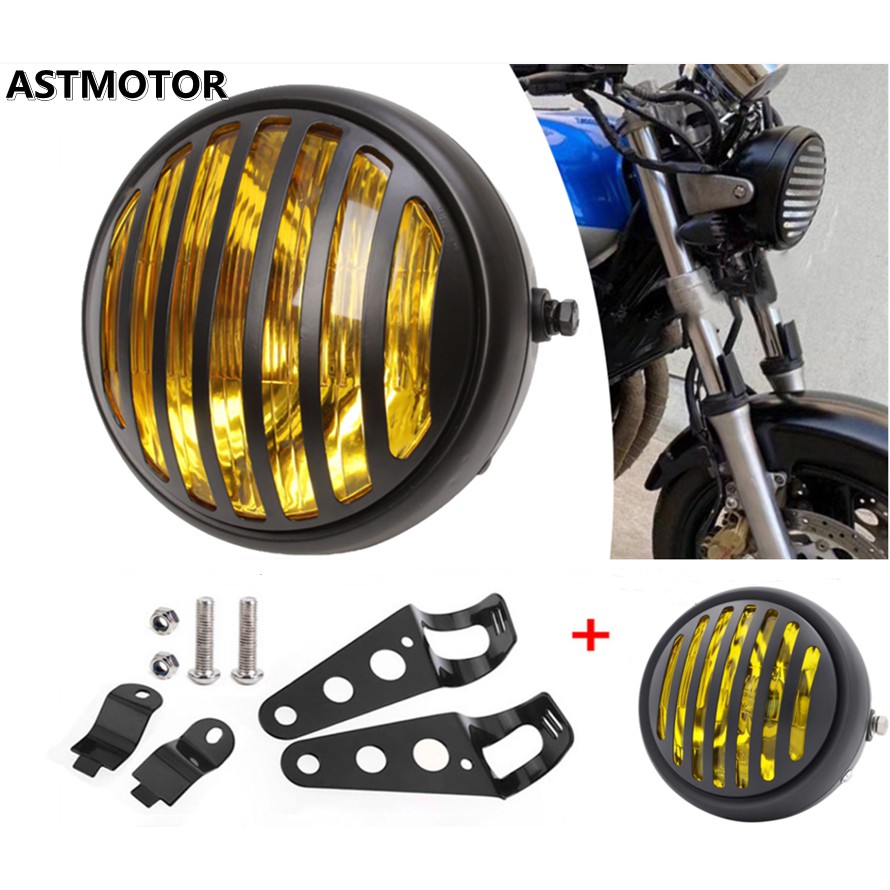Classic Motorcycle Headlights Black Metal Grille Headlight 6.5inch ...