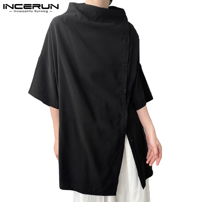 INCERUN Men's Casual Loose Fashion Design Short Sleeve Split Solid ...