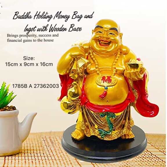 Fengshui Money Buddha Holding Money Bag and Ingot with Wooden Base for ...