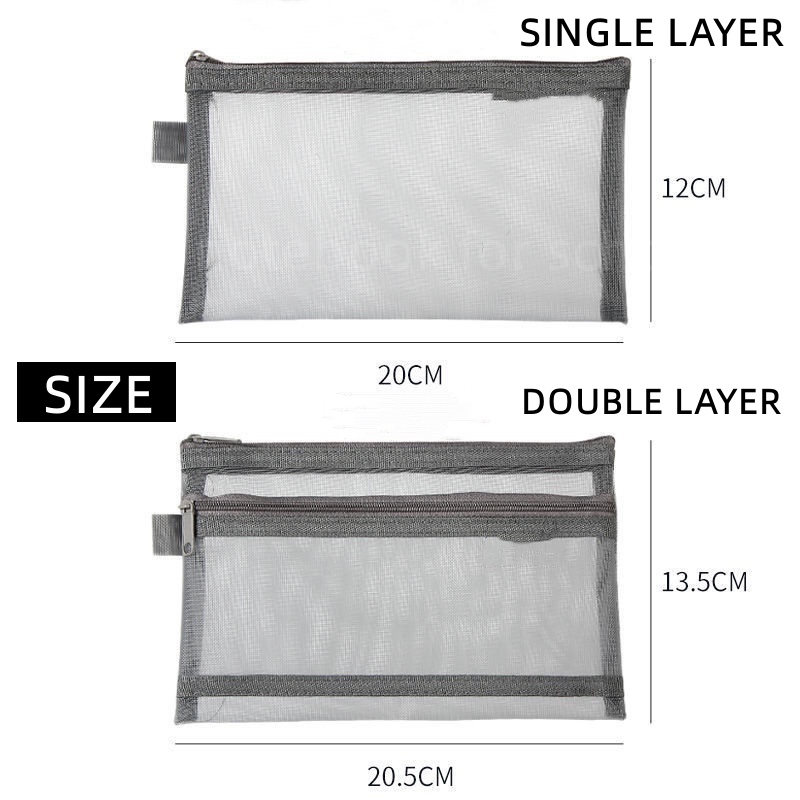 Transparent grid mesh pencil bag single double layer large capacity stationery bag storage case ...