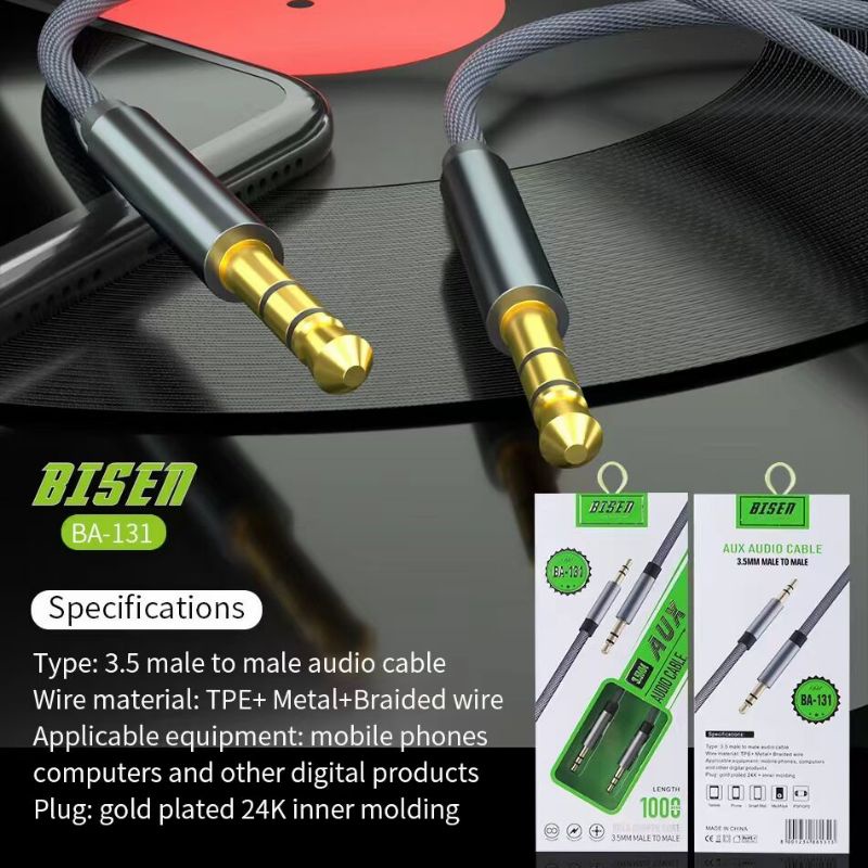 BISEN BA-131 AUX Audio Cable Male to Male Connector Auxilliary Single ...
