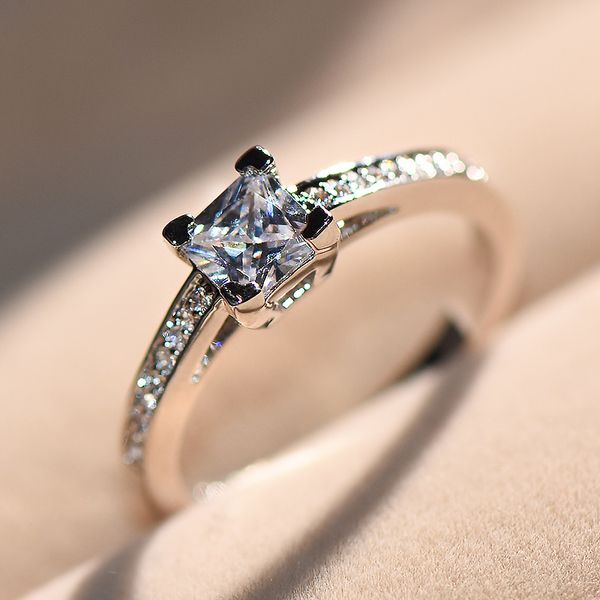Classic 925 Sterling Silver Square Diamond Ring Bridal Wedding Proposal ...