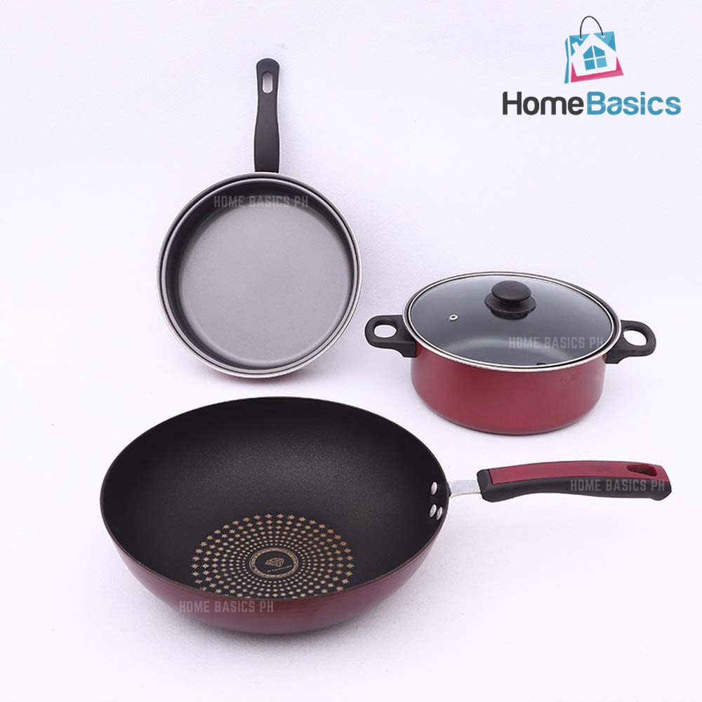Home Basics PH Set of 3 Non-stick Pan and Pot with 1 Glass Cover - Dark ...