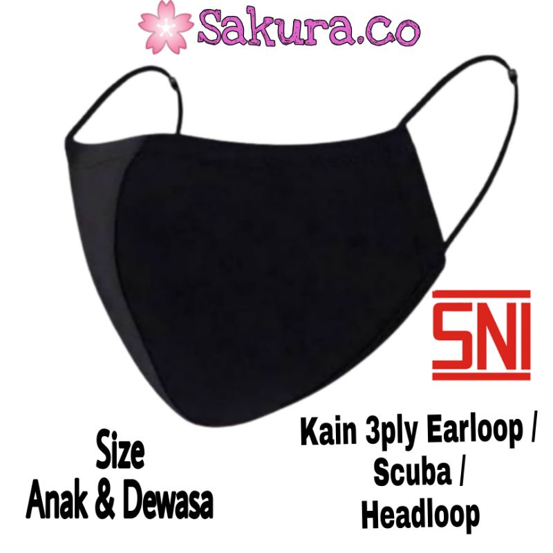 HITAM Plain Black 3ply Cloth Mask For Adults - Scuba Earloop Headloop ...