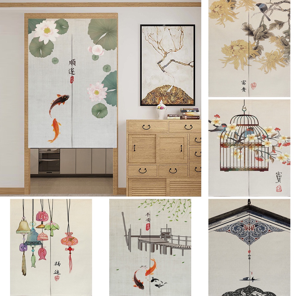 Chinese Noren Door Curtains Ink Flower Lucky Koi Painting Kitchen ...