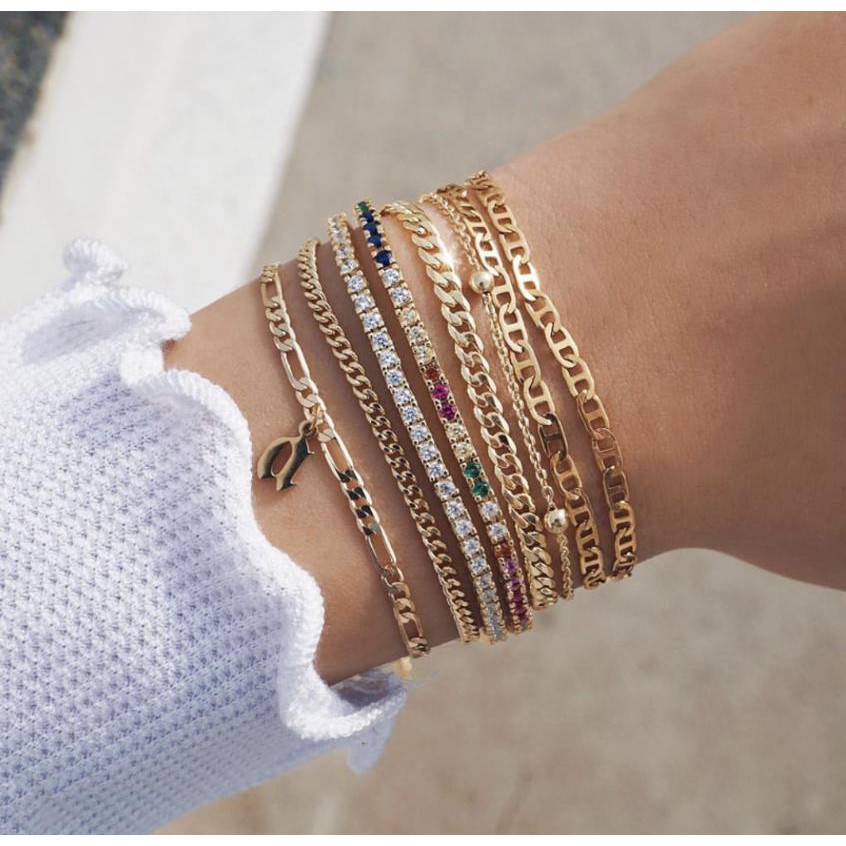 XUYU 8Pcs Charm metal punk Bracelets Rhinestone Multilayer Various ...