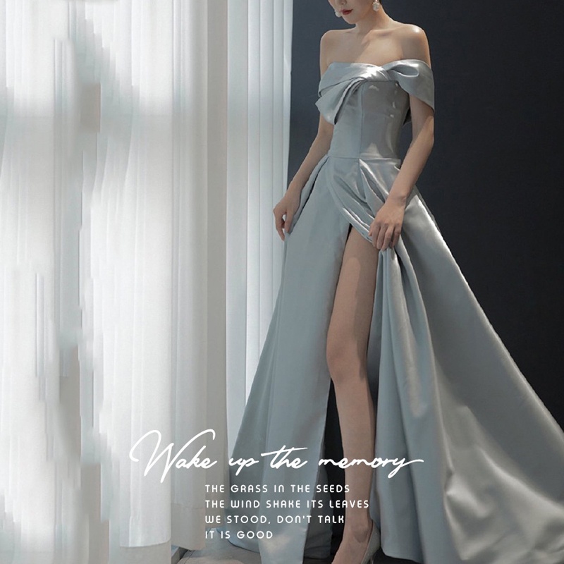 Light Blue Korean Split Long Birthday Party Evening Dress Elegant Satin ...