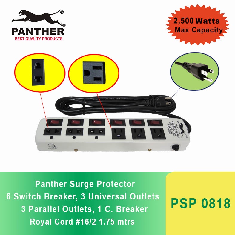 Panther PSP 0818 Extension Cord w/ Voltage Surge Protector 6 Outlets w ...