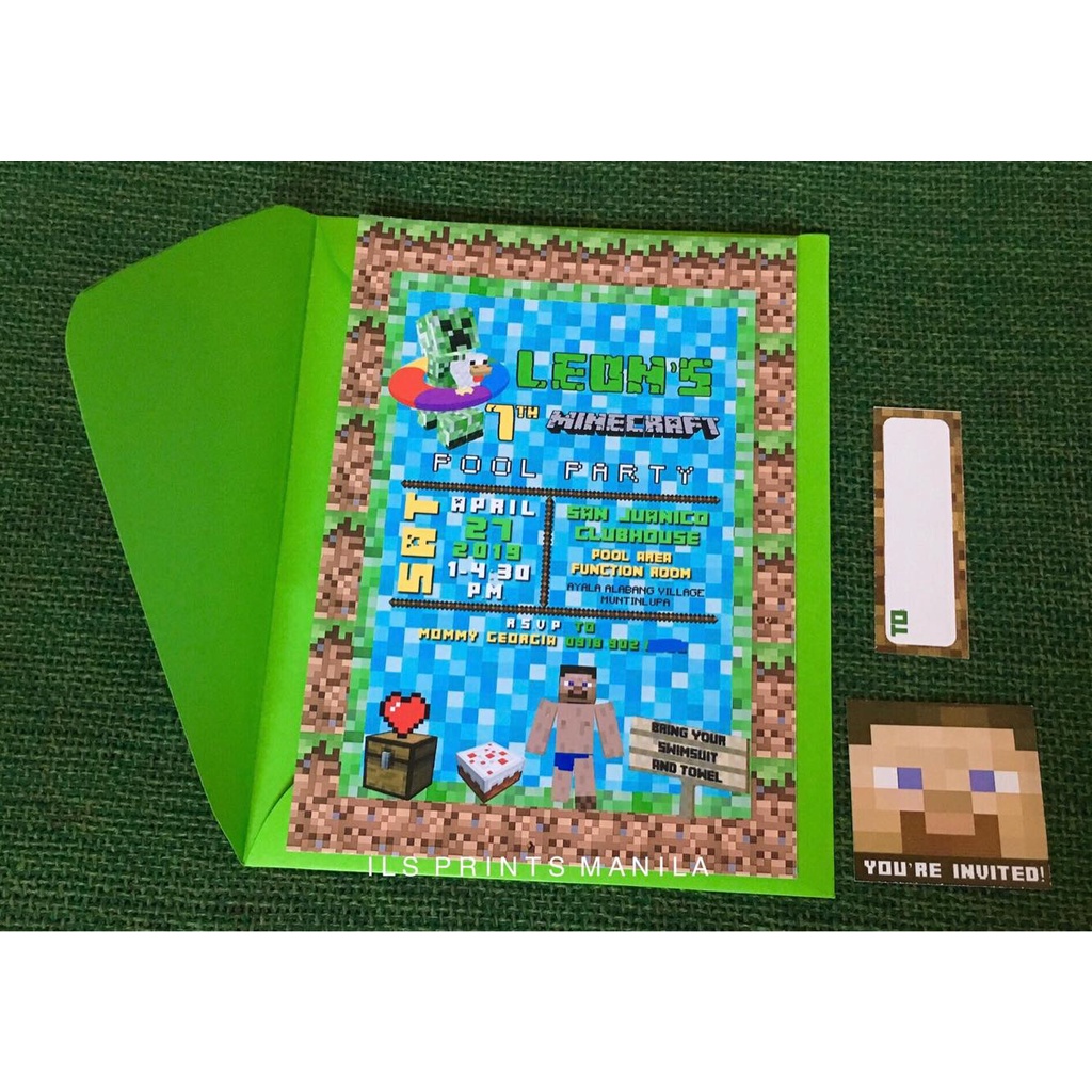 Minecraft Pool Party Theme 1pc Invitation Card for Birthday Baptism ...
