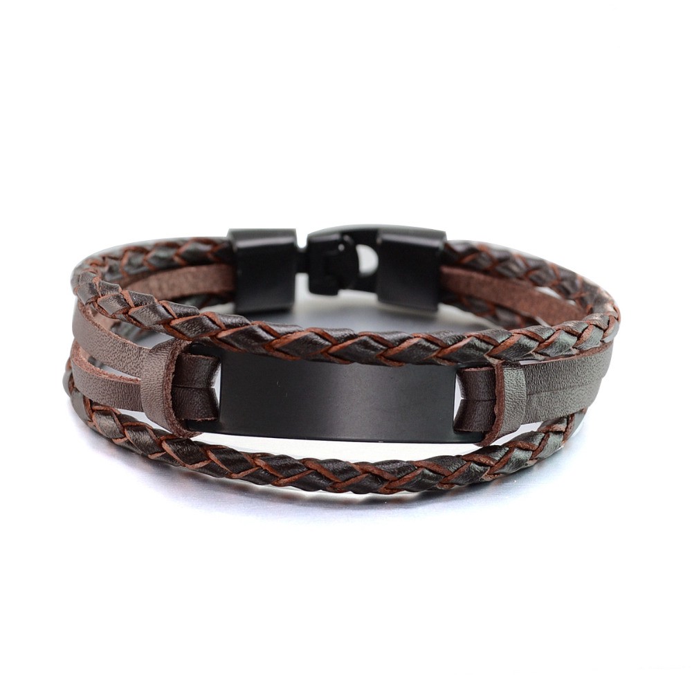 8mm Men's Black Brown ID Plate Braided Genuine Leather Bangle Bracelet ...