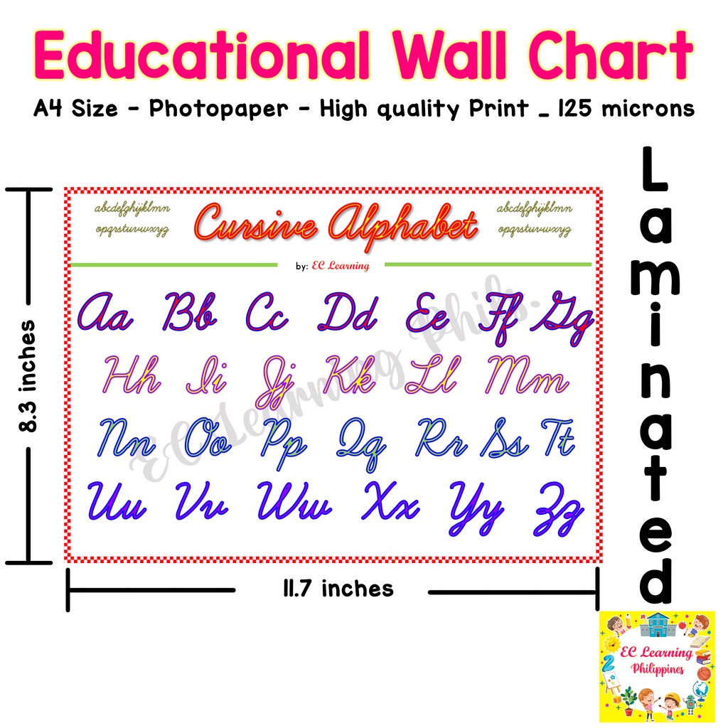 A4 CURSIVE ALPHABET Laminated Educational Wall Chart for Kids | Shopee ...