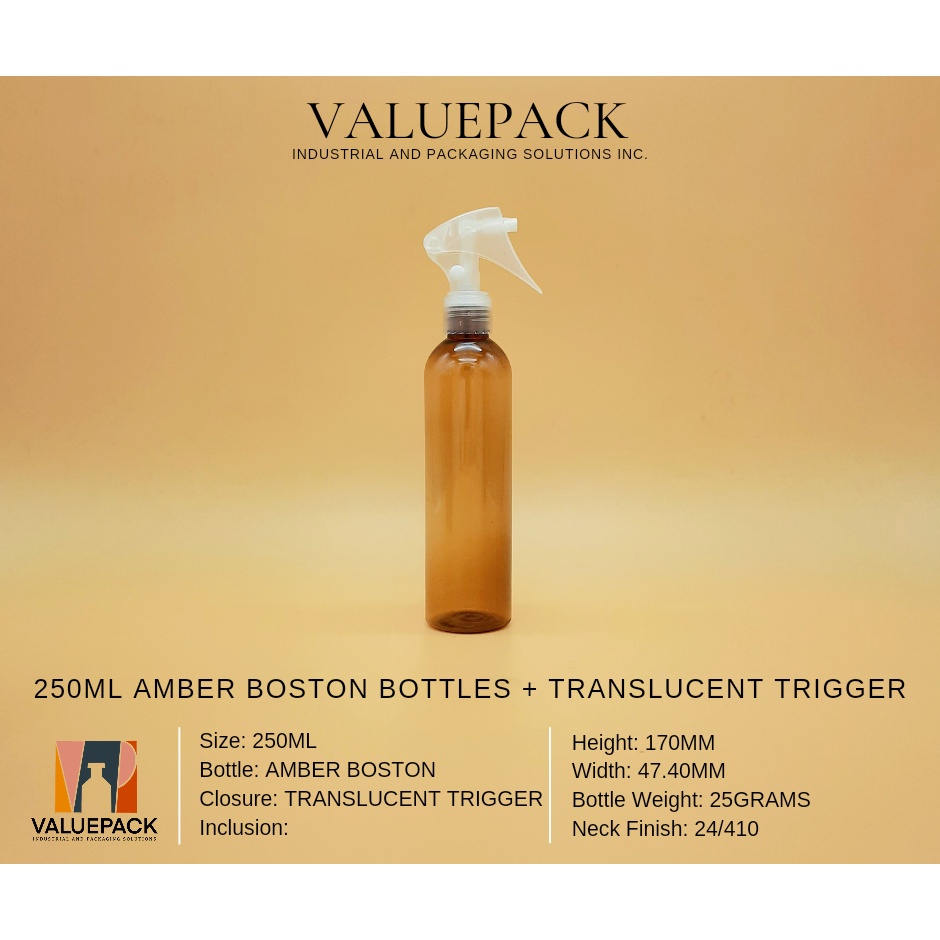 250ML AMBER BOSTON PET BOTTLE + HORSEHEAD / TRANSLUCENT TRIGGER SPRAY ...