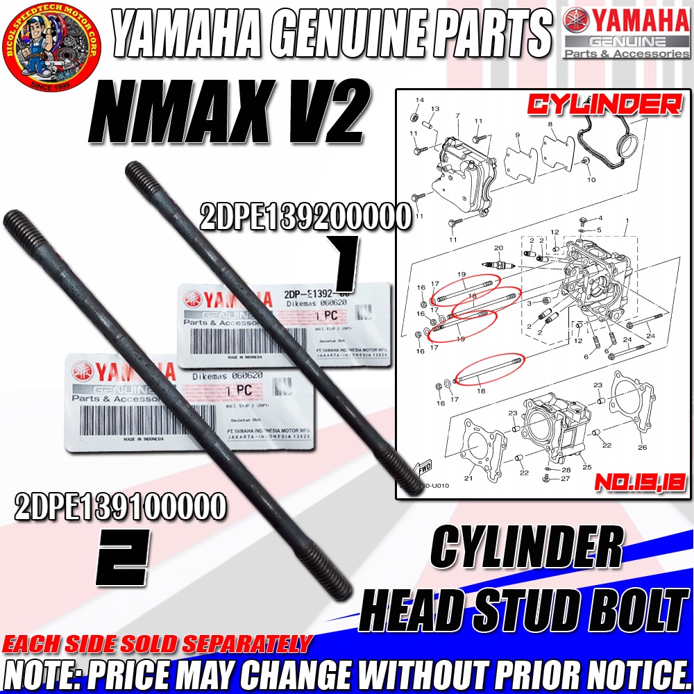 NMAX V1/V2 CYLINDER HEAD STUD BOLT 1,2 (YGP) (GENUINE: #1-2DP-E1391-00 ...
