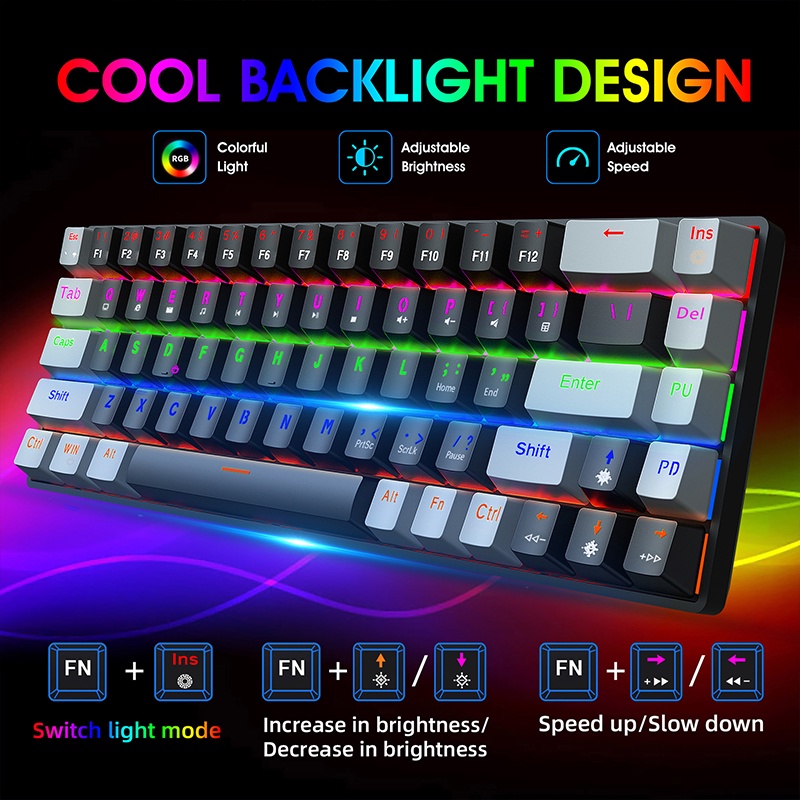 Gaming Keyboards 68 Keys Mechanical Keyboard Wired Type-C LED Backlit ...