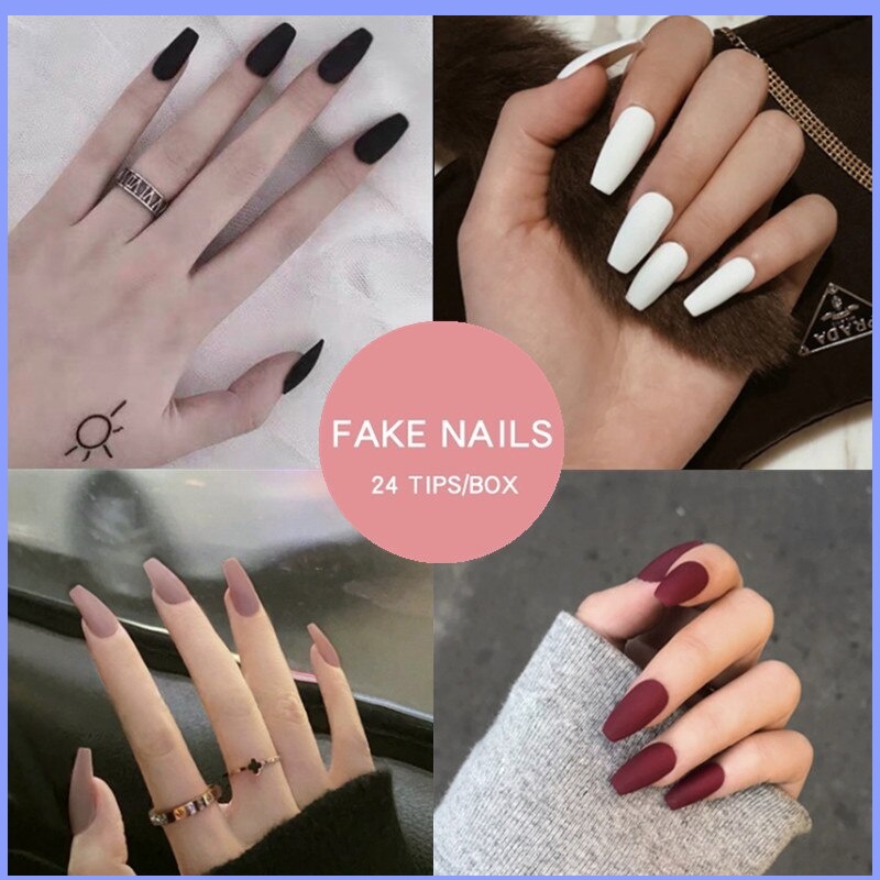 【Fake nails】COD 24PCS Nail decoration matte frosted fake nails nail ...