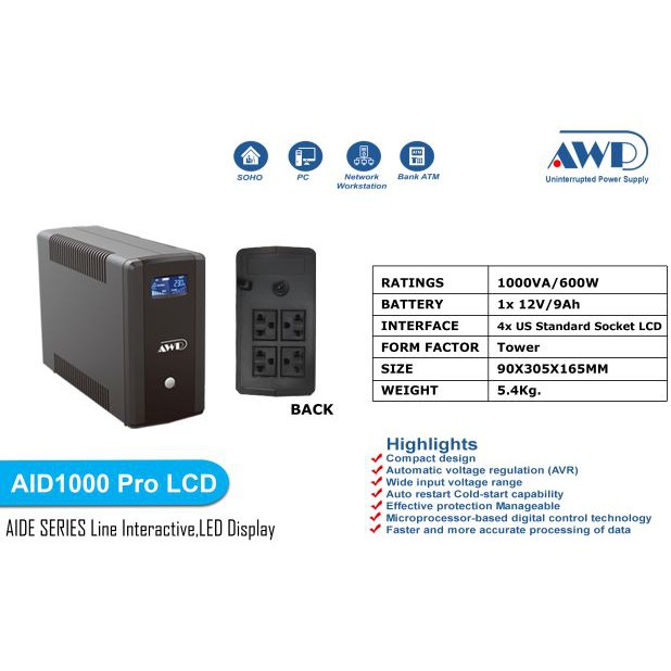 AWP Aide Pro LCD 600W-1000VA UPS with AVR Uninterruptible Power Supply ...