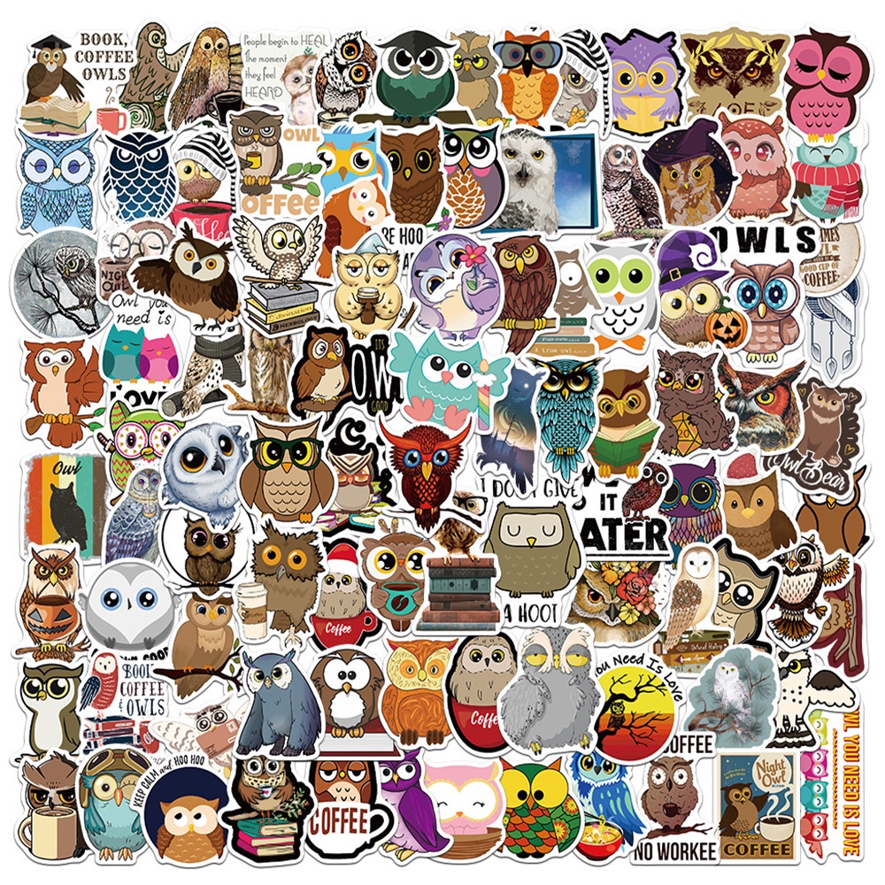 100 Sheets Non-Repetitive Cute Owl Graffiti Stickers Luggage Notebook ...