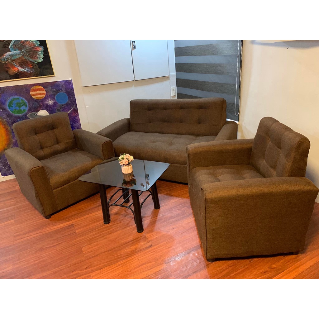 AMBASSADOR SOFA SET BROWN FABRIC WITH GLASS TABLE free delivery ncr ...