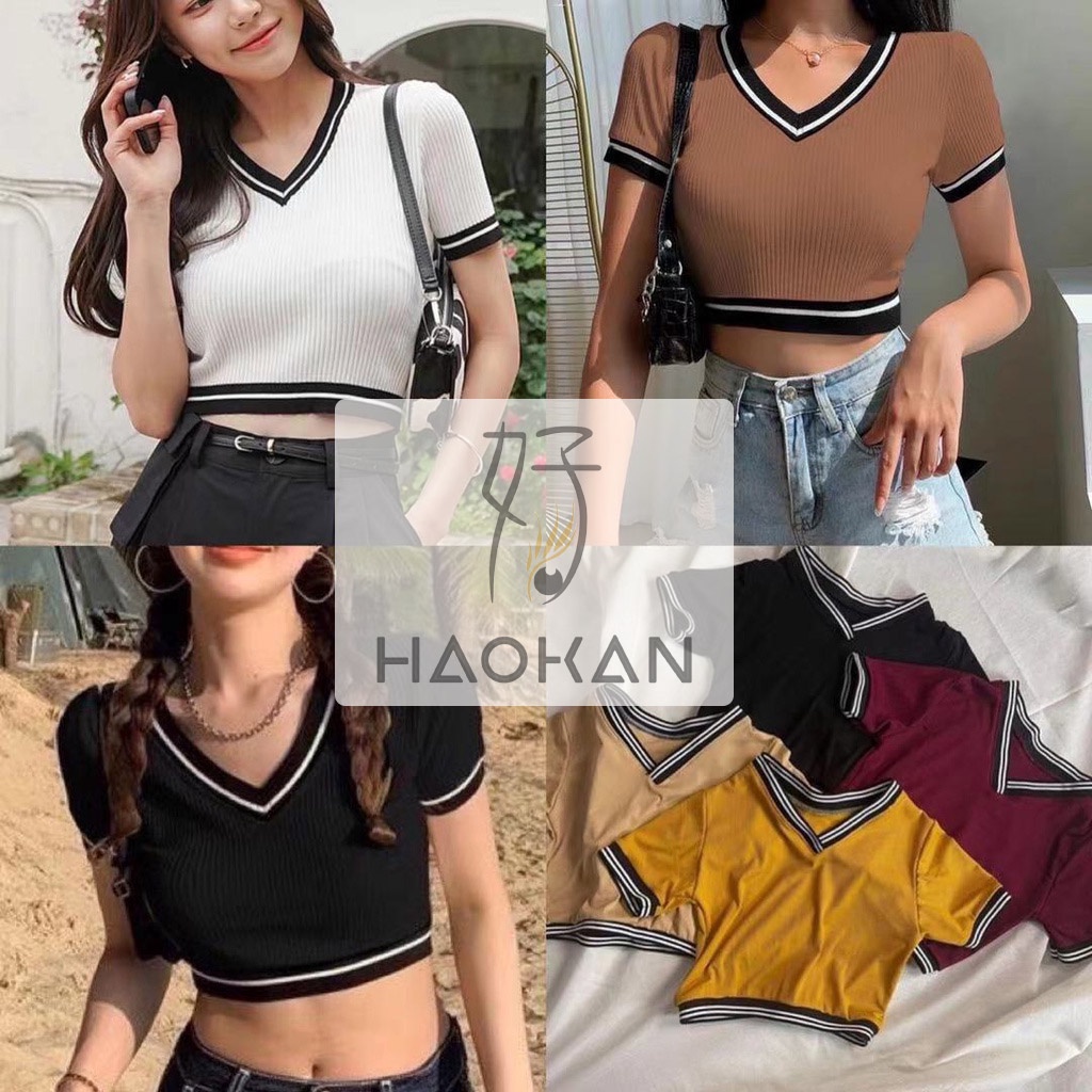 Sexy Korean Cotton Knitted V Neck Ringer Garter Crop top Shirt #10439 ...