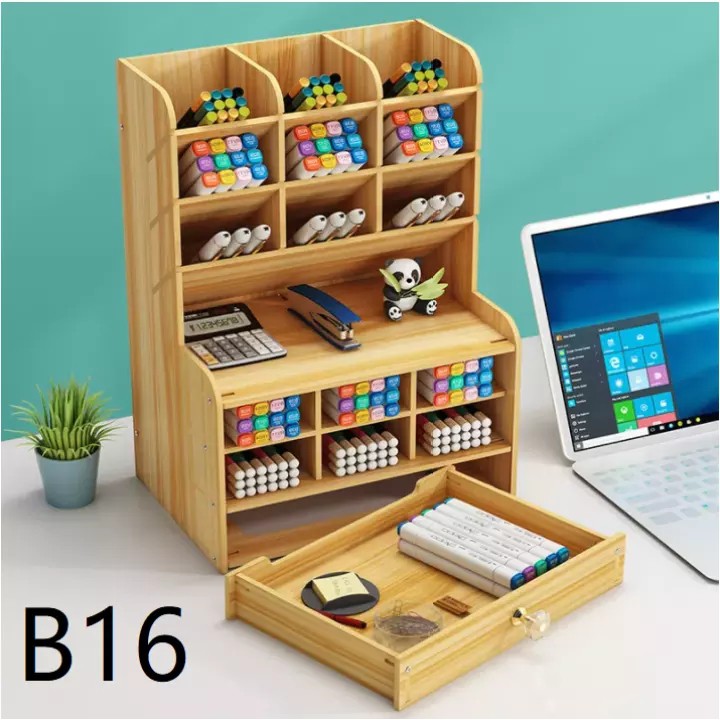 Multi-function Wooden Desktop Pen Holder Office School Storage Case ...
