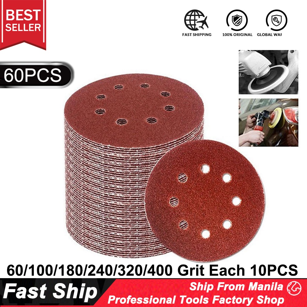 60 Pcs 5 Inch Sanding Discs Hook and Loop 60/100/180/240/320/400 Grit ...