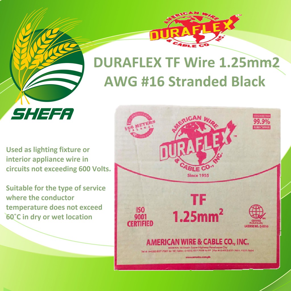 DURAFLEX TF Wire 1.25mm2 AWG #16 Stranded Black, 1 roll (150mtrs ...