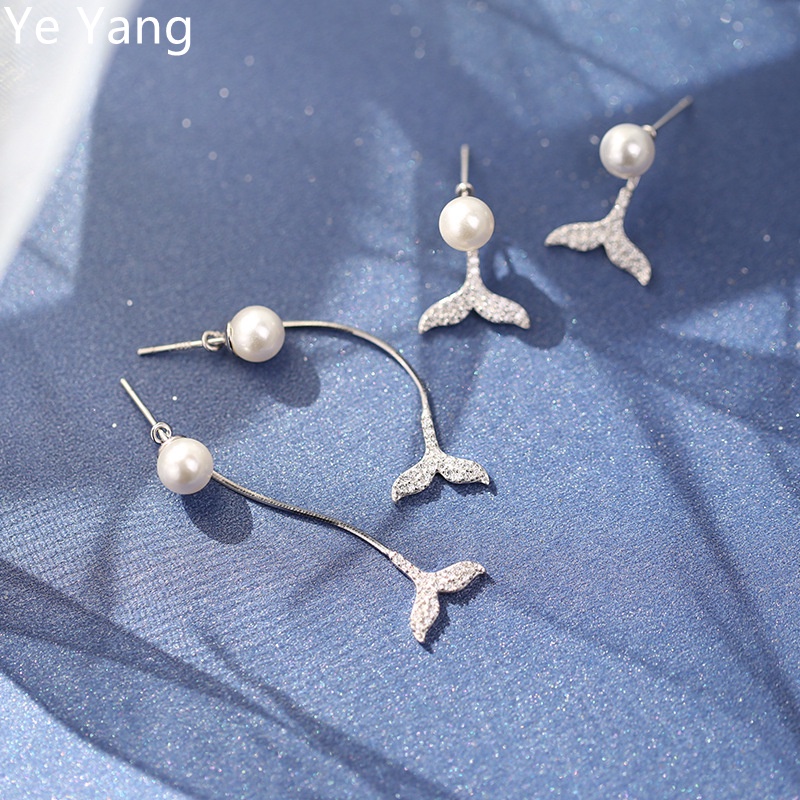 Silver pearl earrings female fishtail long and short ear line Korean ...