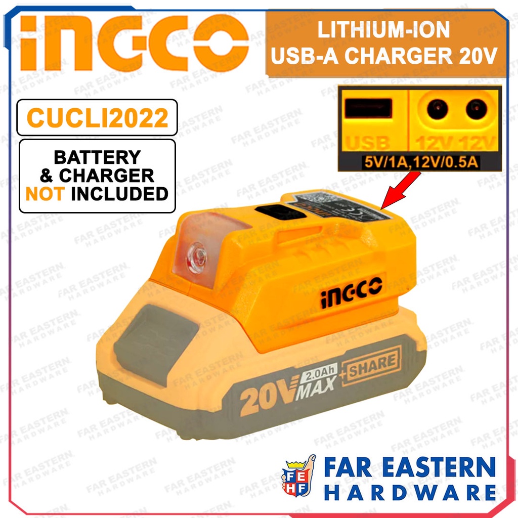 INGCO Lithium-Ion USB-A Battery Charger Adaptor 20V CUCLI2022 INPTCL ...