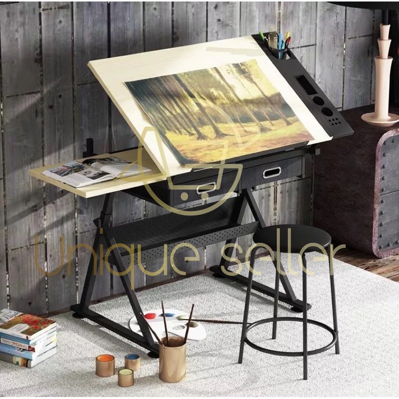 【In stock】Drafting table adjustable height tilting with drawers stool ...