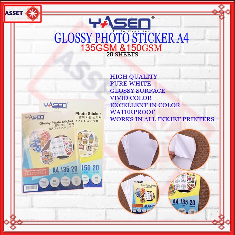 YASEN GLOSSY PHOTO STICKER 135GSM AND 150GSM STICKER LABEL A4 (20SHEETS ...