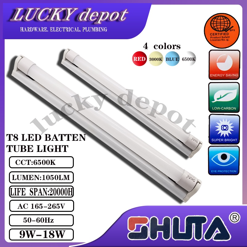 (SHUTA) T8 LED BATTEN TUBE LIGHT ( 9W / 18W ) BLUE/RED/3000K/6500K | Shopee Philippines