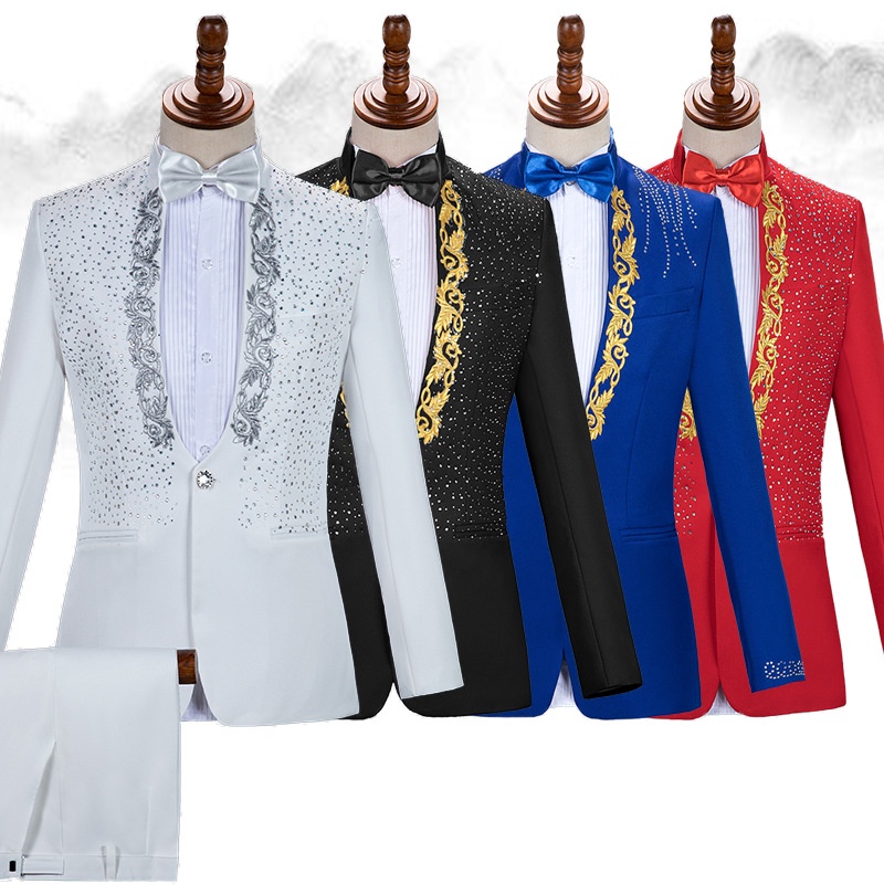 Diamond Royal Blue Men Suit Set Gold Embroidered Wedding Mens Slim Fit ...