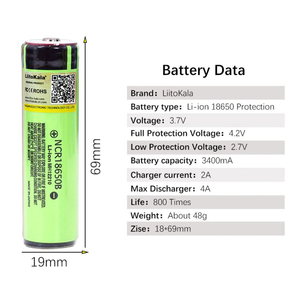 1 PC Liitokala 18650 3.7V 3400mah BMS NCR18650B rechargeable Lithium Ion Battery w/ protection ...