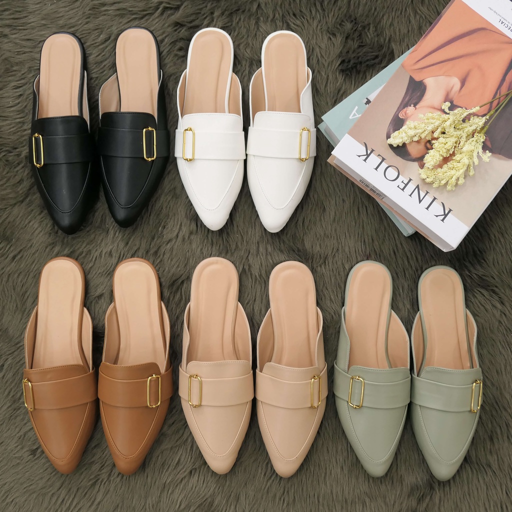 ⭐️ Kimi Claudia Buckle Pointed Half Shoes Flat Loafer Korean Fashion ...