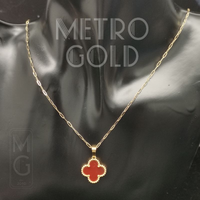18K Saudi Gold Red VCA Clover Pendant with Paperclip Design Necklace ...