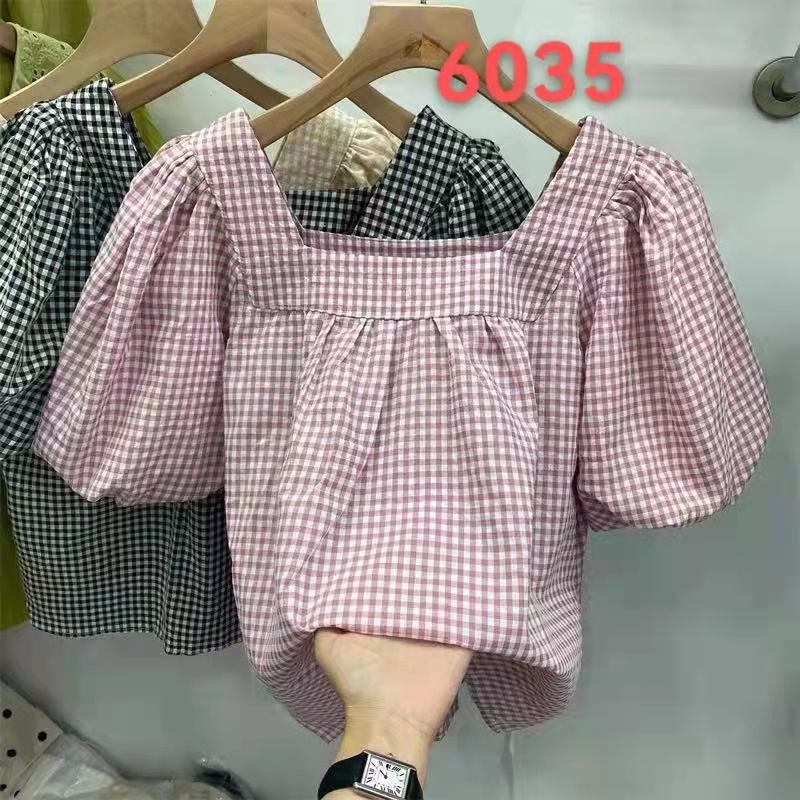 AS ELEGANT new women checkered square-neck puff sleeve top 6035 | Shopee Philippines